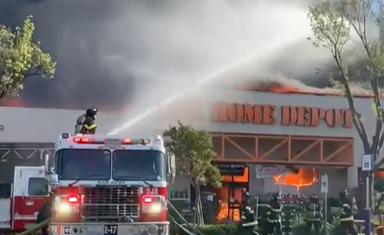WATCH: Five-alarm fire visible from space engulfs Home Depot ...