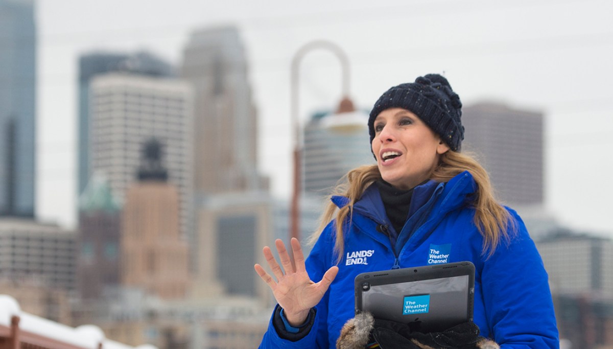 Weather Channel's Stephanie Abrams nearly hit by flying debris while ...